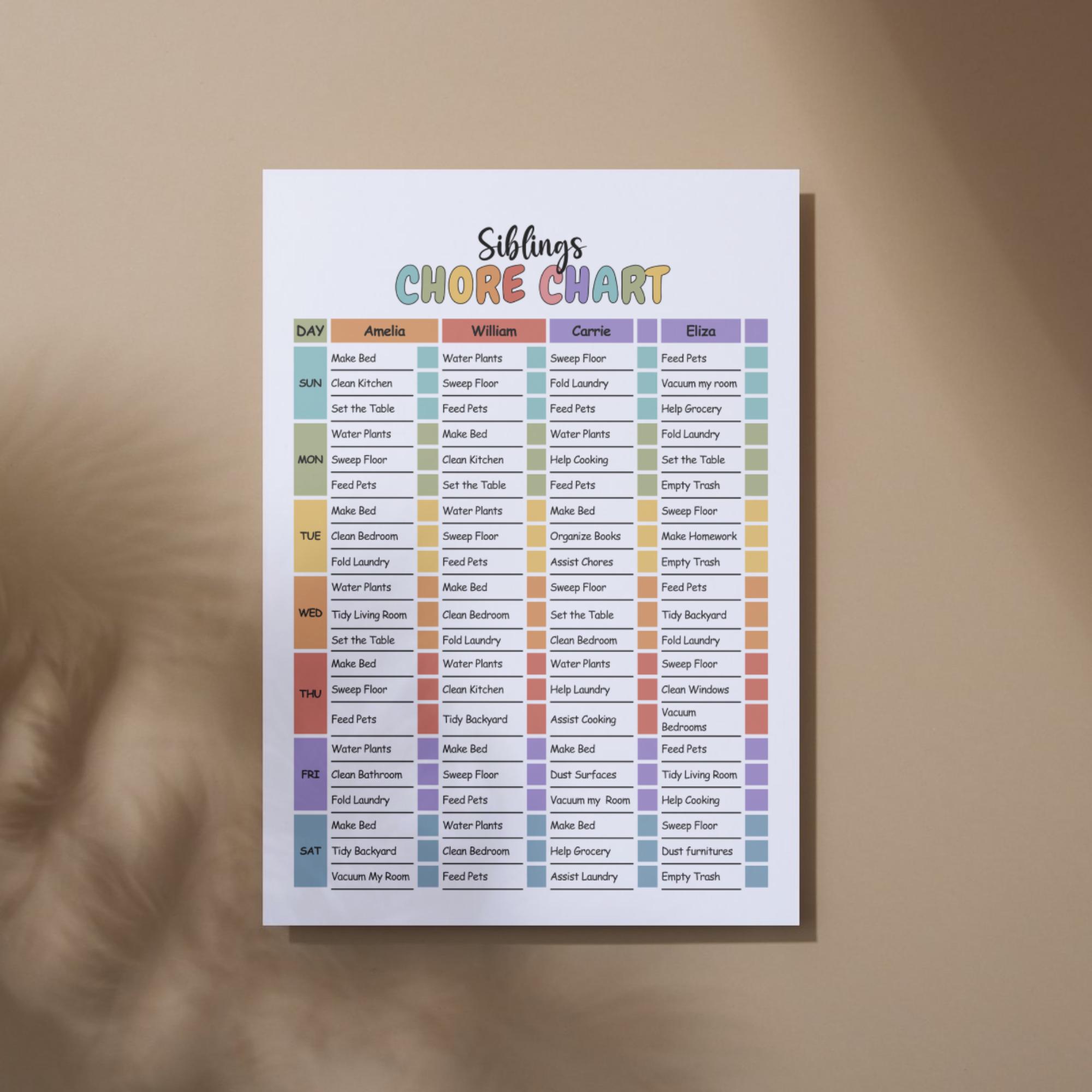 Editable Kids Chore Chart, Multiple Siblings, Printable (canva Template ...