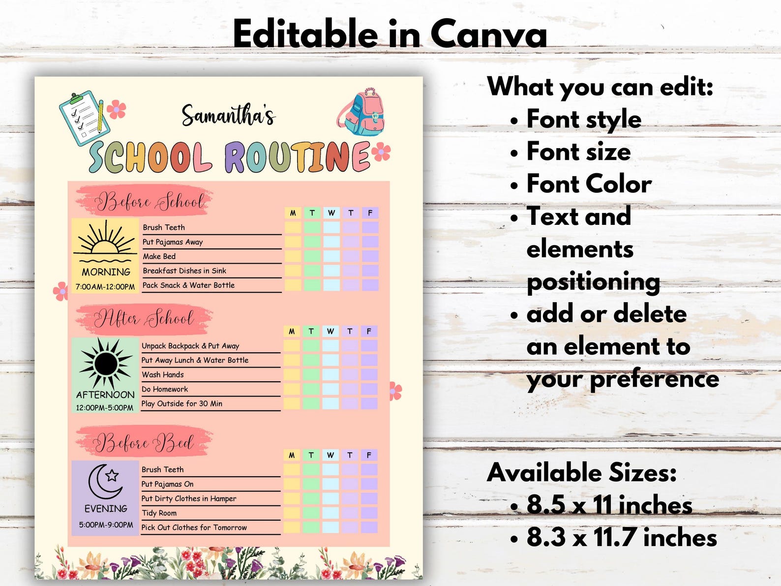 Editable School Checklist for Kids, Before After School Schedule, Daily ...