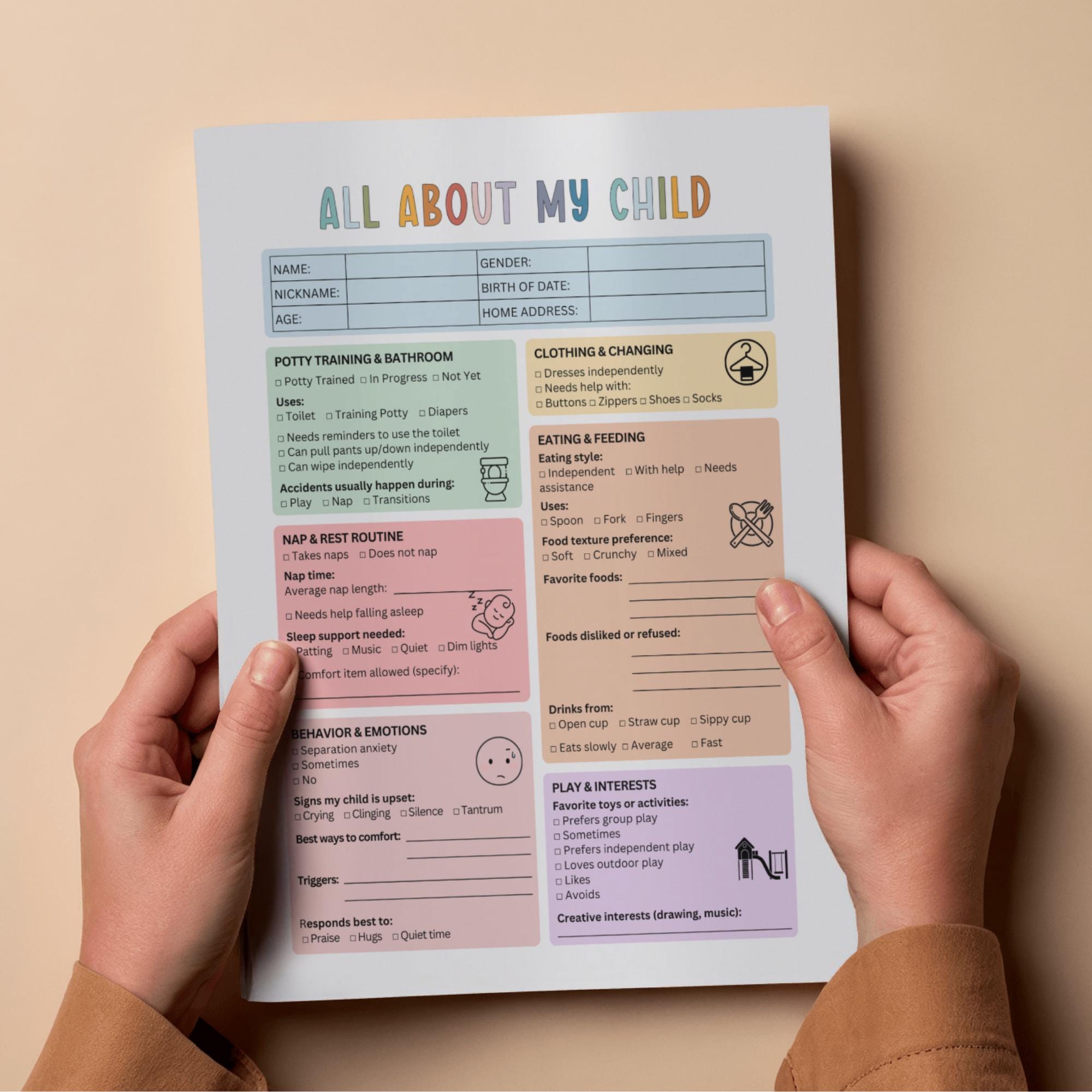 All About Me Template for Daycare, Daycare Form, Daycare Information ...