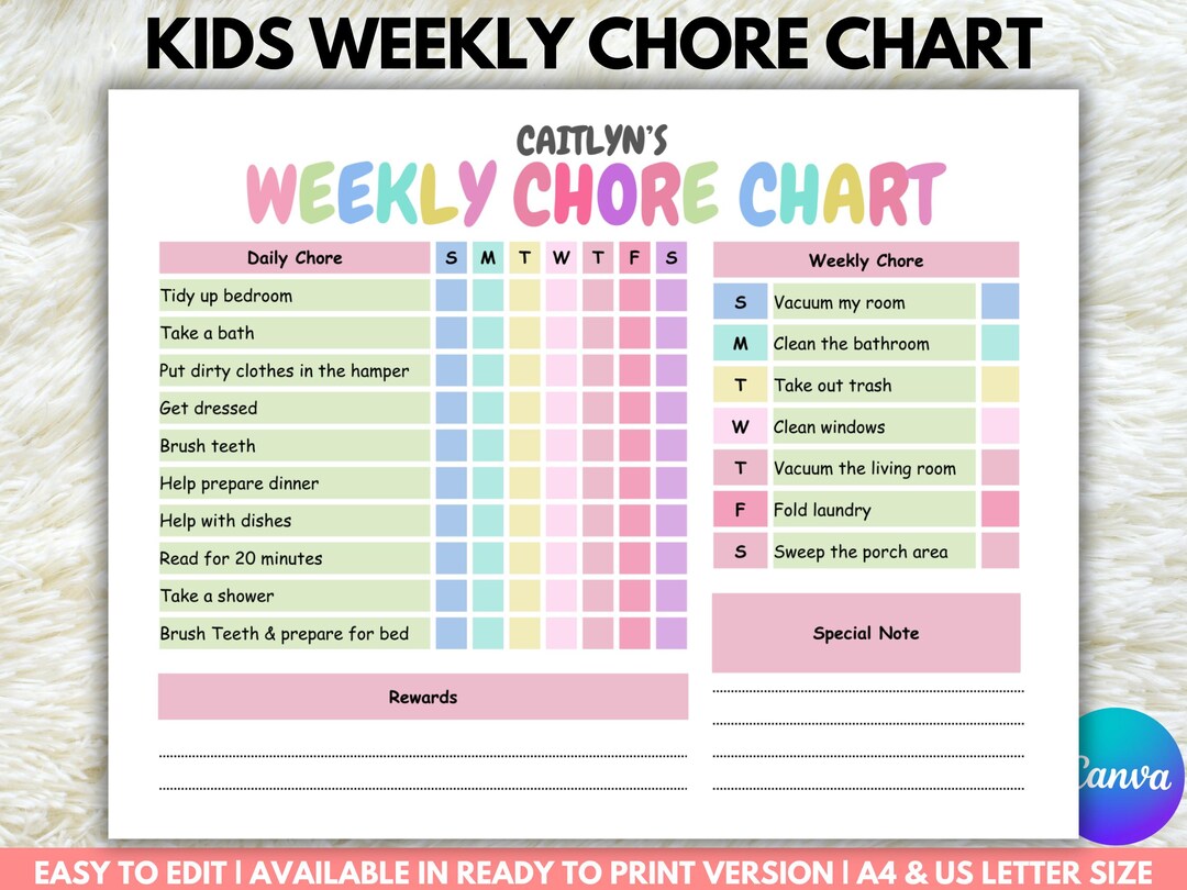Editable Weekly Chore Chart Weekly Chore Chart for Kids, Kids Chore ...