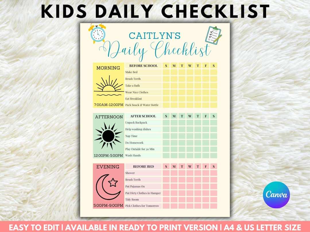 Editable Kids Daily Checklist, Kids Chore Chart, Kids Routine Chart ...