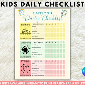 Editable Kids Daily Checklist, Kids Chore Chart, Kids Routine Chart ...