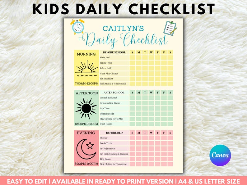 Editable Kids Daily Checklist, Kids Routine Chart, Kids Daily Schedule ...