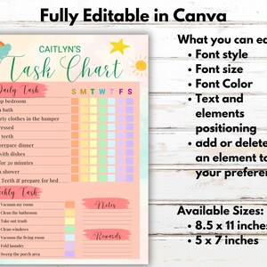 Editable Chore Chart Kids Task Chart, Kids Daily Weekly Routine ...