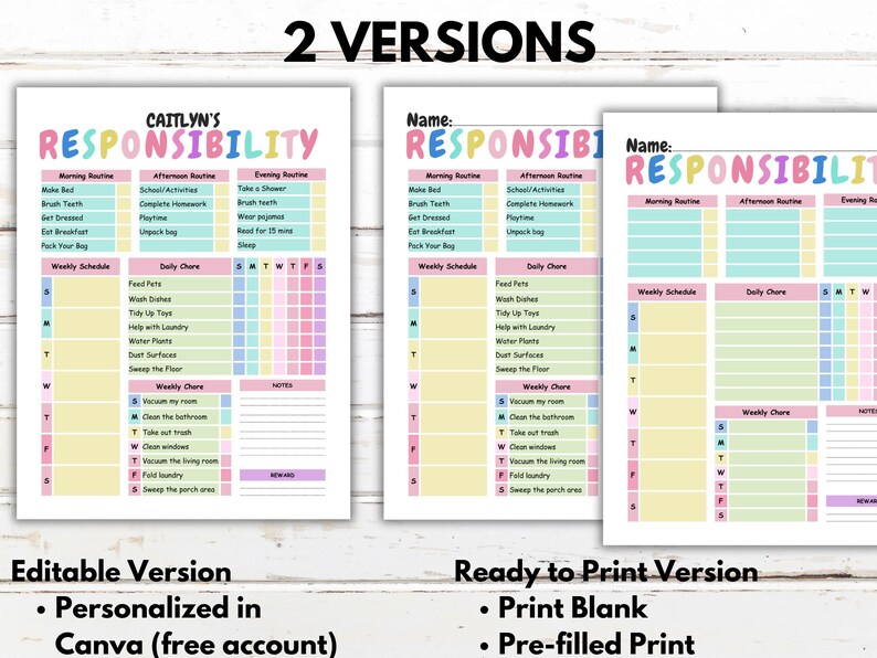 Editable Kids Responsibility Chart Kids Daily Weekly Chore Chart, Kids ...