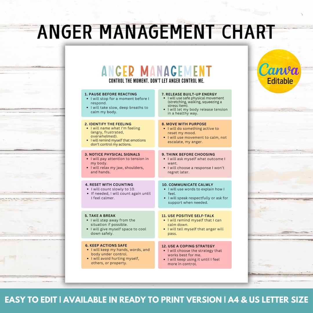 Editable Anger Management Chart for Kids, Emotional Regulation Chart ...