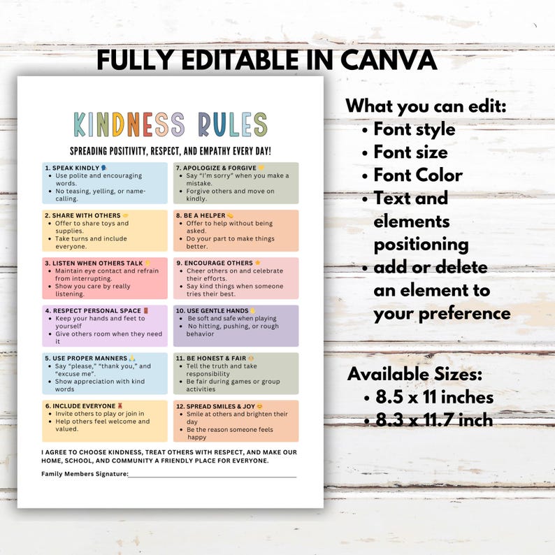 Editable Kindness Rules, Kindness Chart for Kids, Gratitude Poster ...