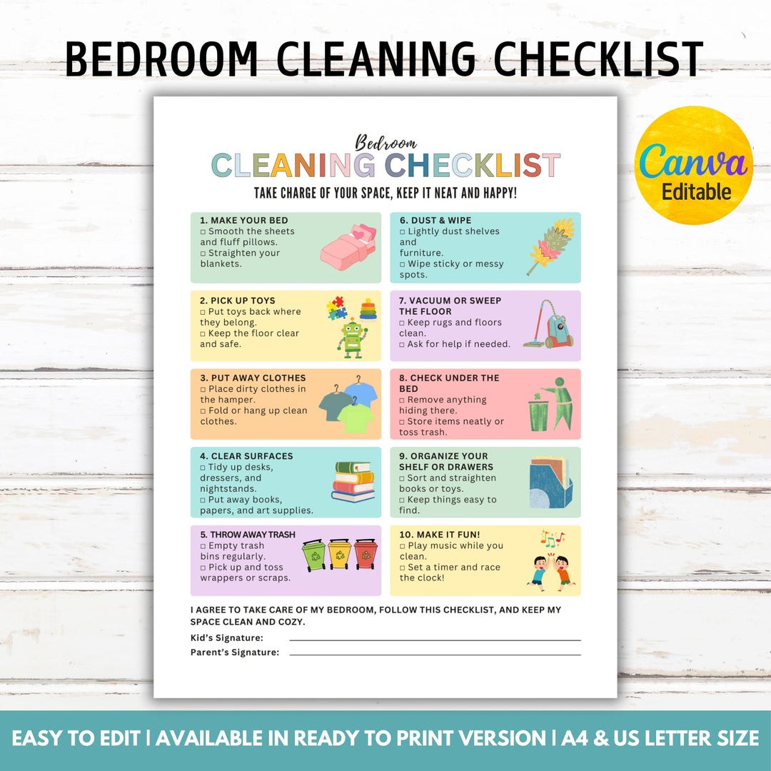 Editable Kids Bedroom Cleaning Checklist, Bedroom Chore Chart for Kids ...
