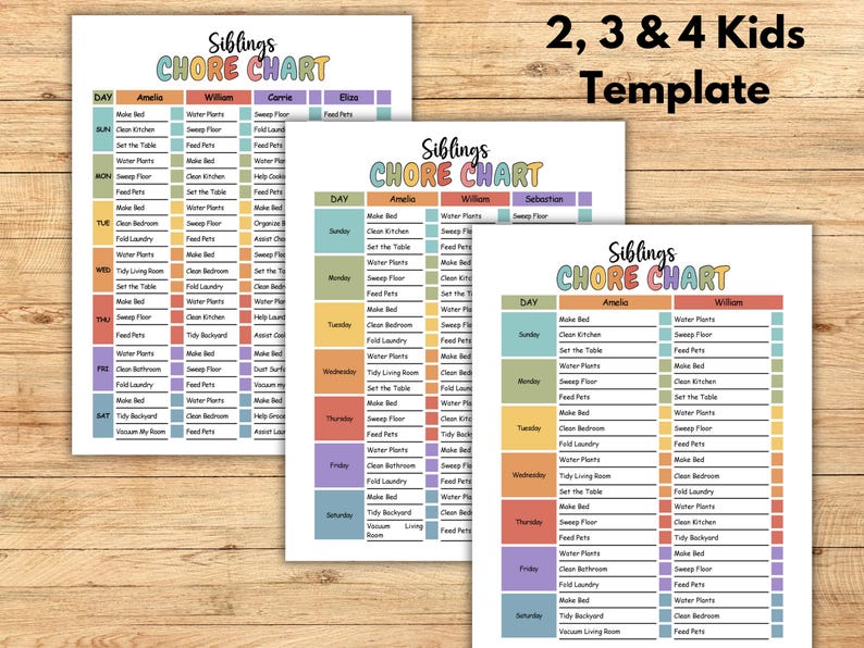 Editable Kids Chore Chart, Multiple Siblings, Printable (canva Template ...