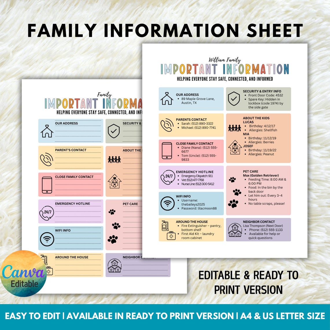 Editable Family Information Sheet, Emergency Contact Template ...