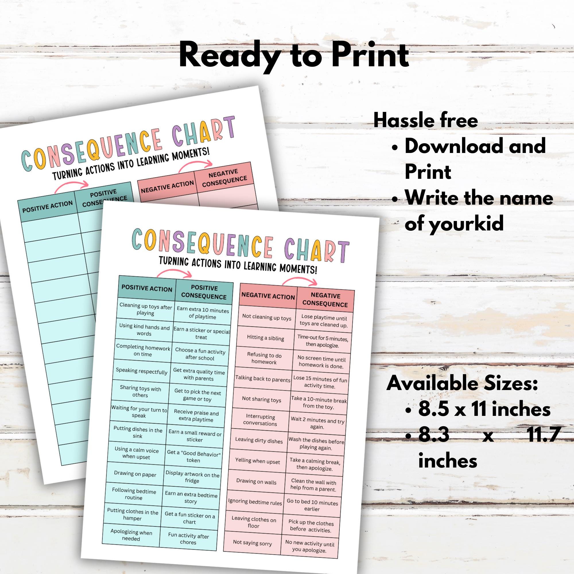 Behavior Consequence Chart, Kids Good Behavior Tracker, Behavior Chart ...