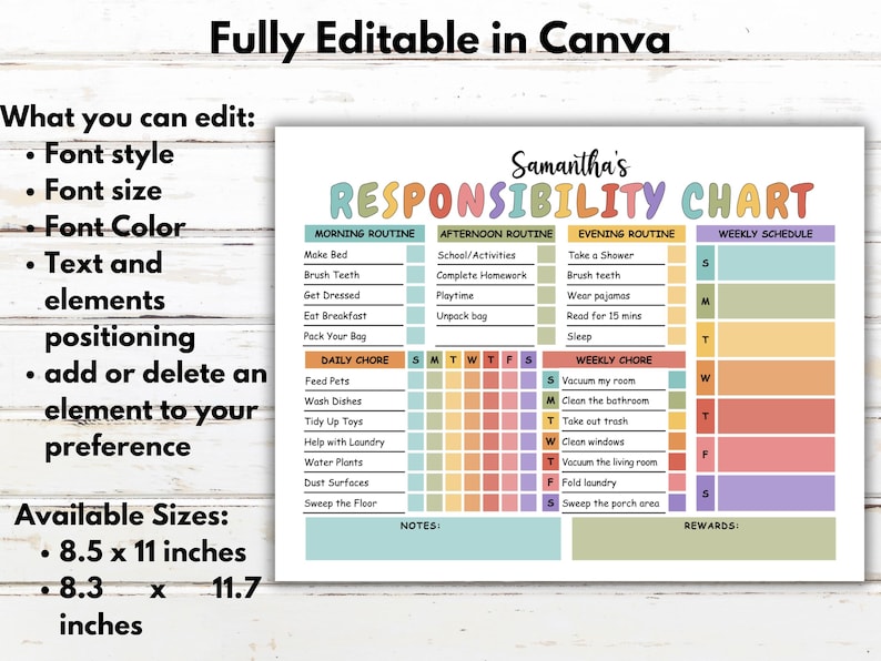 Editable Kids Responsibility Chart, Chore Chart Template, Chore Tracker ...