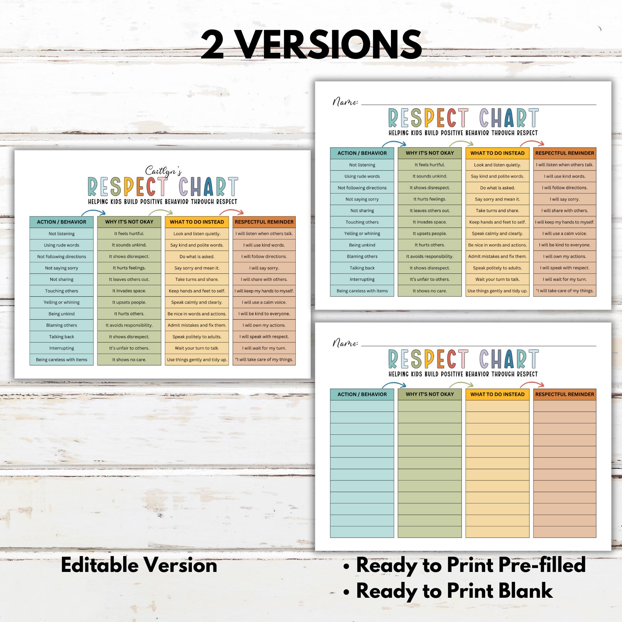 Respect Chart for Kids, Kids Positive Behavior Consequence Chart ...