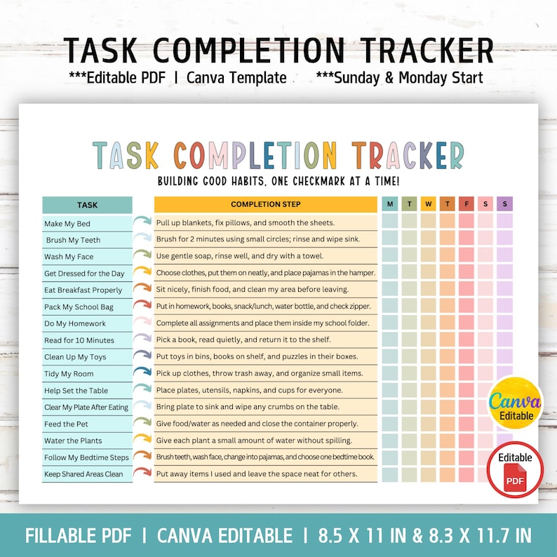 Task Completion Chart for Kids, Task Tracker, Responsibility Chart ...