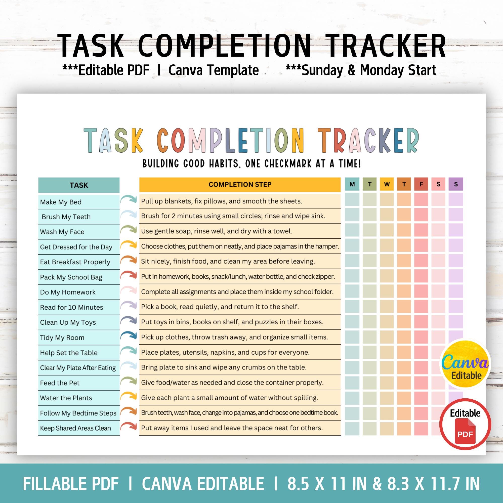Task Completion Chart for Kids, Task Tracker, Responsibility Chart ...