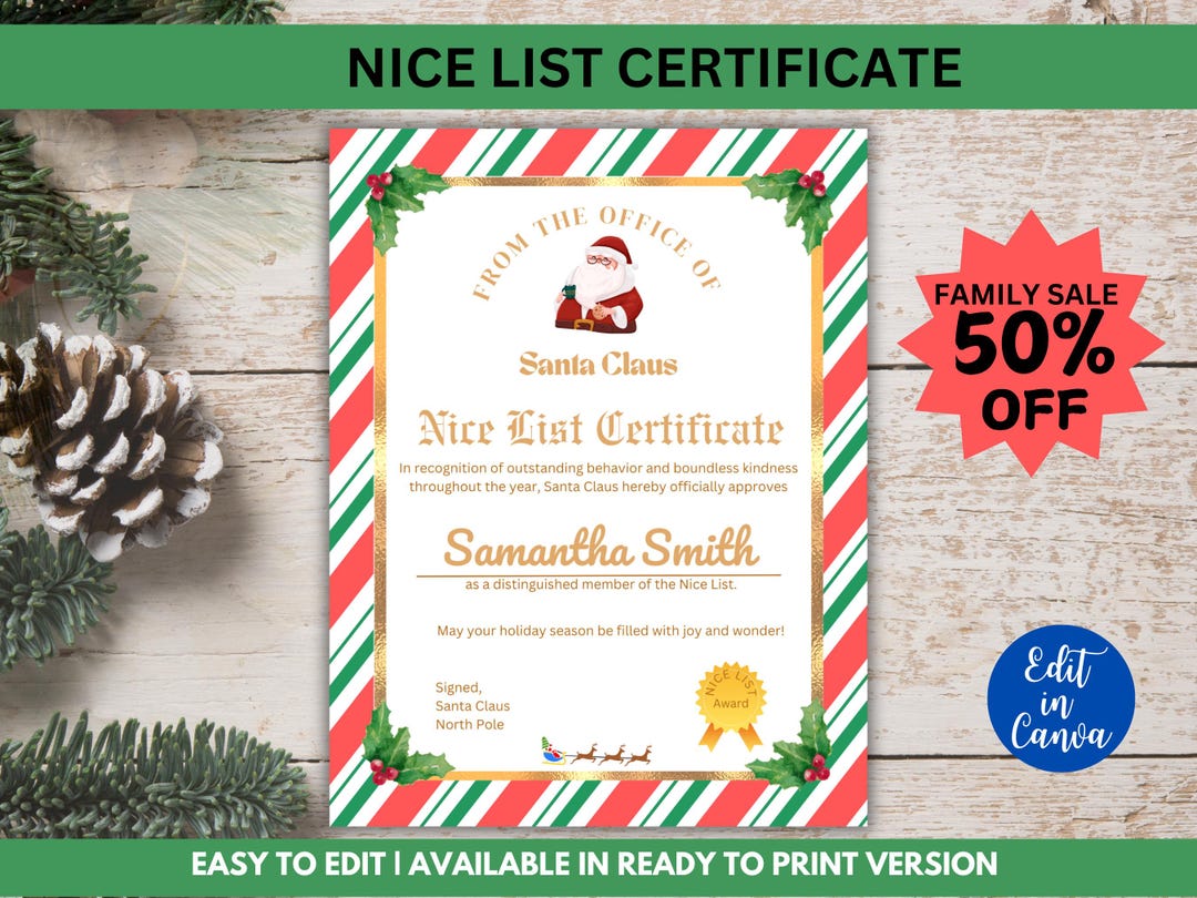 Editable Kids Nice List Certificate, Santa Nice List, Christmas Nice ...