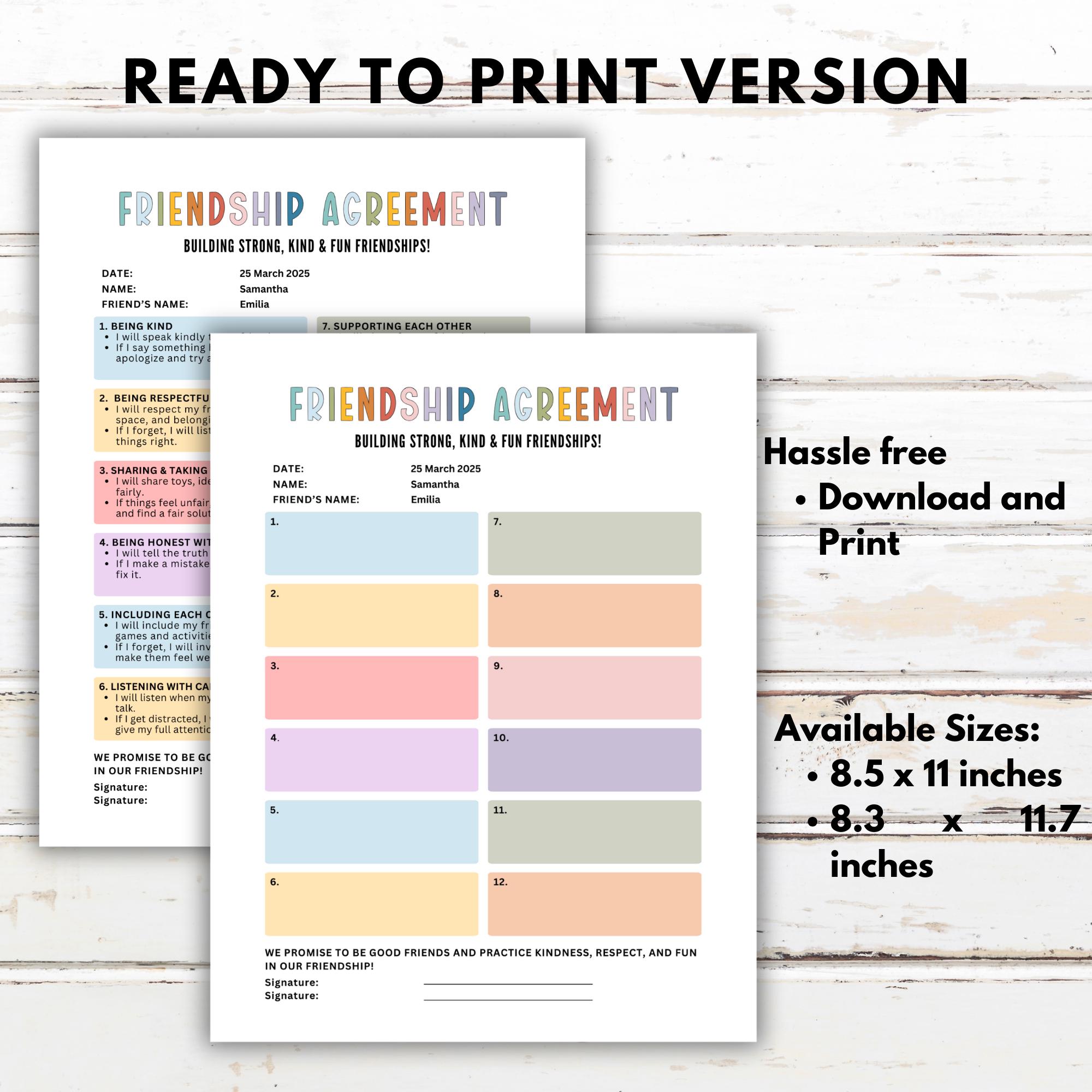 Editable Kids Friendship Promise, Friendship Agreement, Kids BFF ...