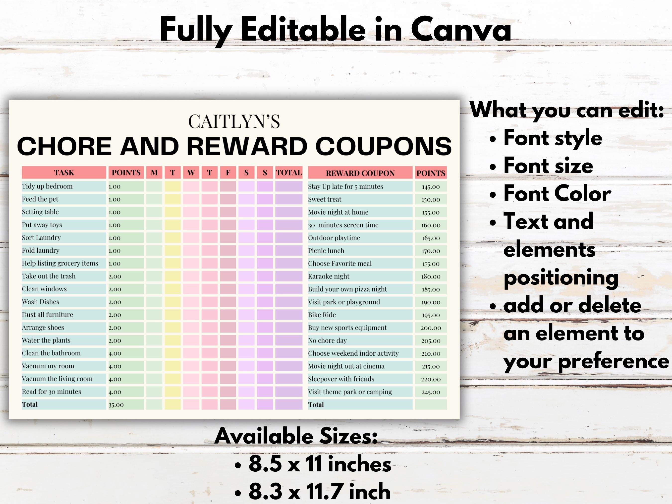 Editable Kids Chore Reward Chart | Kids Reward Coupon, Kids Chore ...