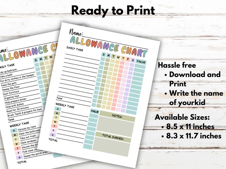 Editable Kids Allowance Chart, Kids Allowance Tracker, Allowance Chore ...