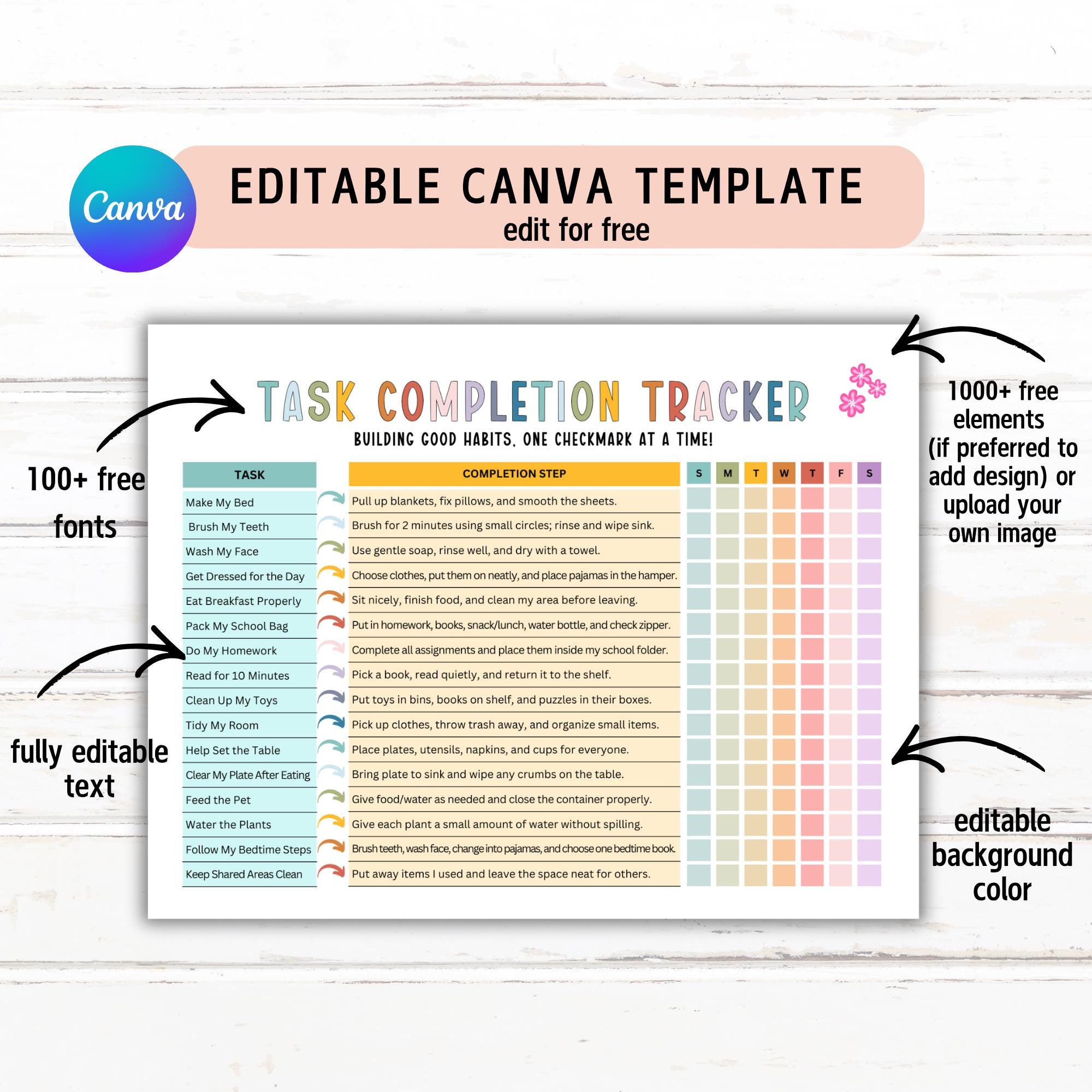 Task Completion Chart for Kids, Task Tracker, Responsibility Chart ...