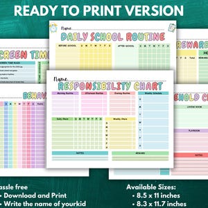 Kids Chore Chart Bundle, School Routine, Kids Planner, School Planner ...
