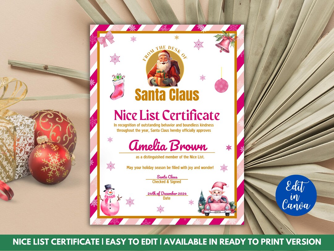 Editable Santas Nice List Certificate, Nice List Certificate for Kids ...