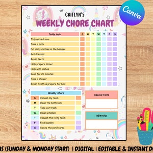 Unicorn Kids Task Chart Kids Chore Chart Printable Editable Chore Chart ...