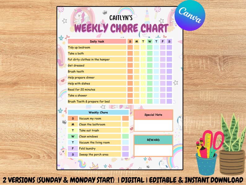 Unicorn Kids Task Chart Kids Chore Chart Printable Editable Chore Chart ...