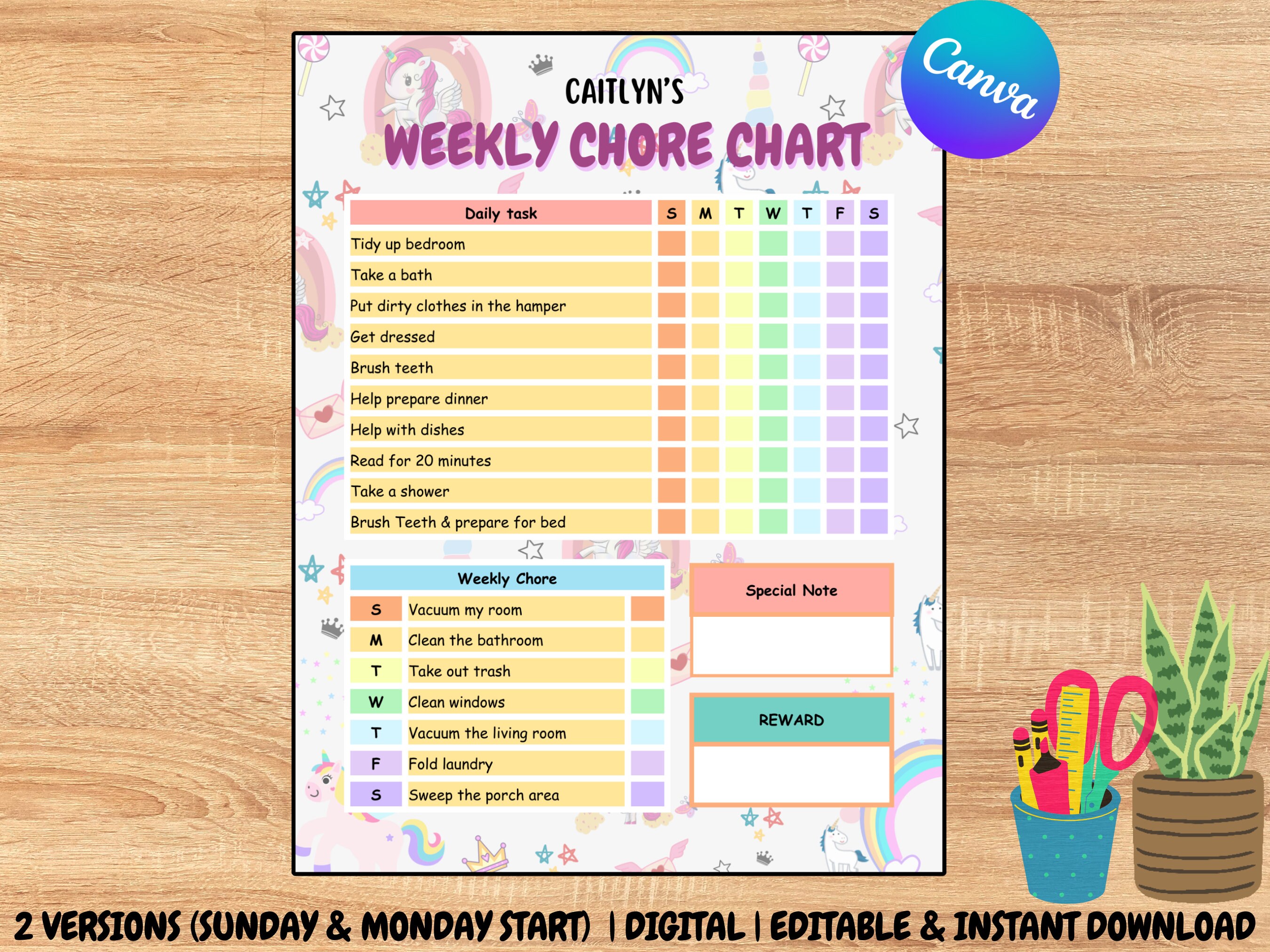 Unicorn Kids Task Chart Kids Chore Chart Printable Editable Chore Chart ...