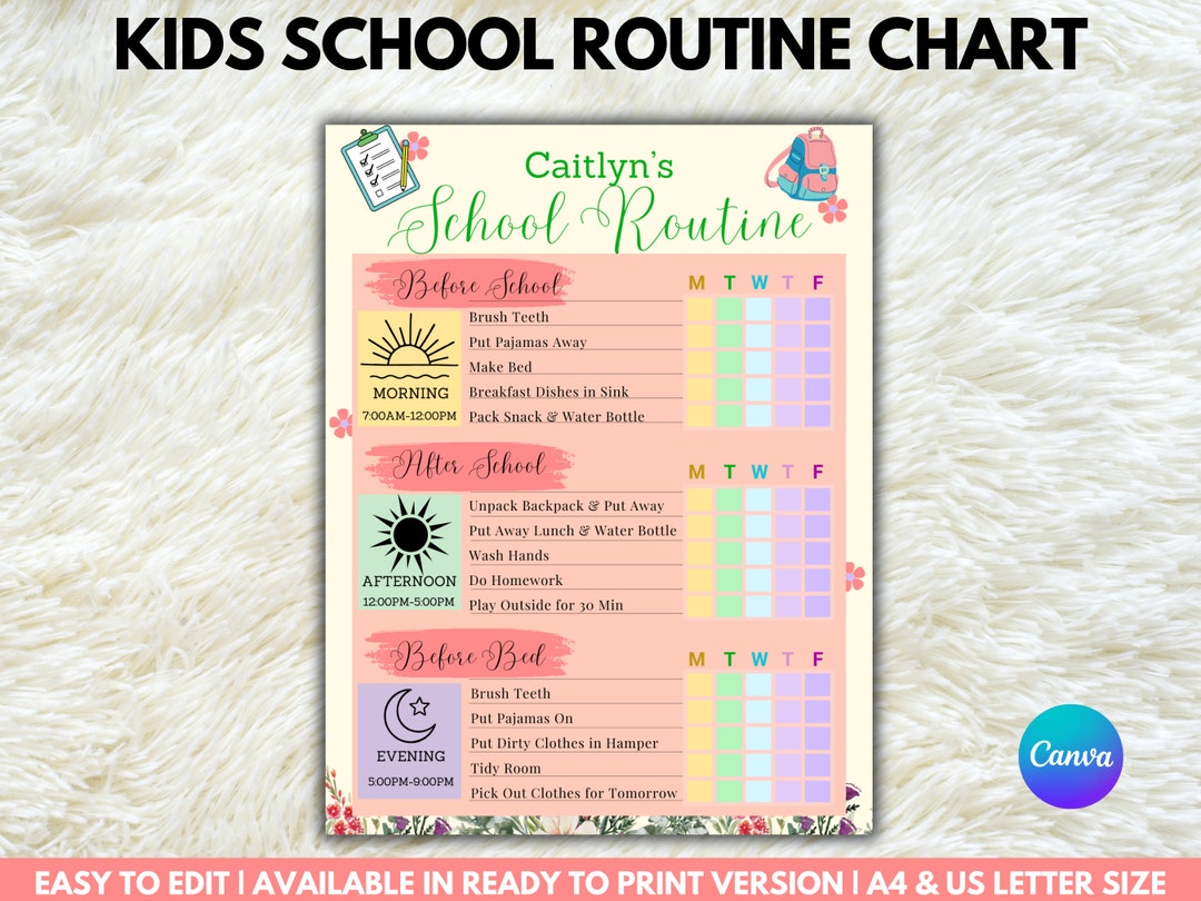 Editable Kids School Routine Chart, Kids Before and After School Task ...