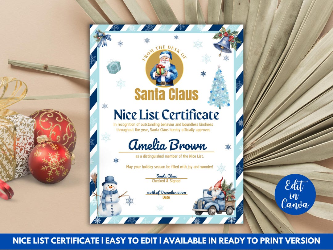 Editable Santas Nice List Certificate, Nice List Certificate for Kids ...