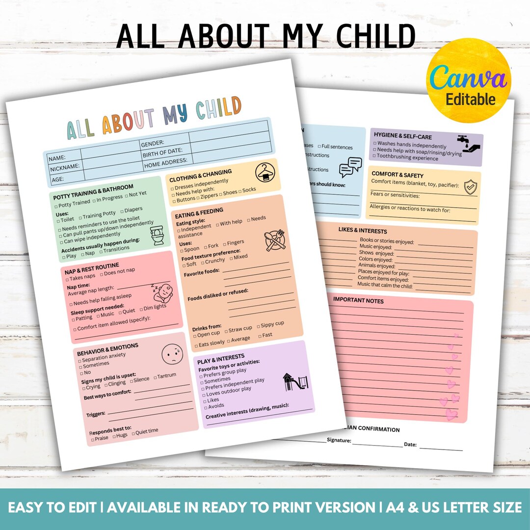 All About Me Template for Daycare, Daycare Form, Daycare Information ...