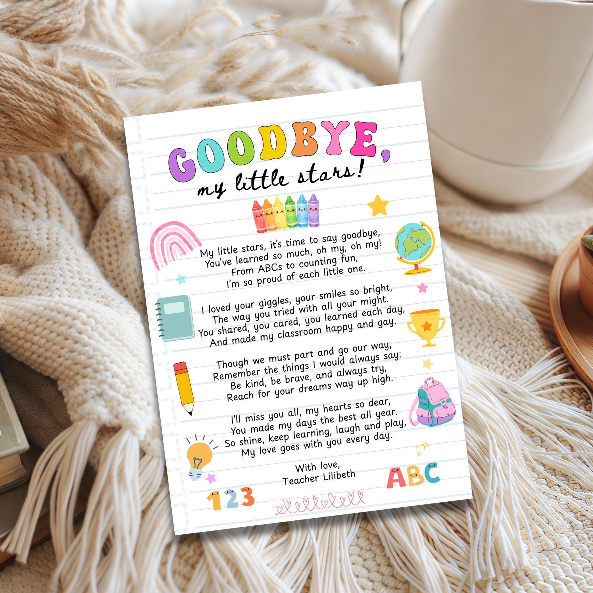 Editable Teacher Goodbye Letter for Student, End of School Year Poem ...