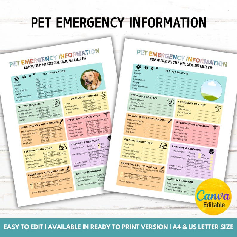 Pet Emergency Information Sheet, Pet Sitter Daycare Instructions, Pet ...