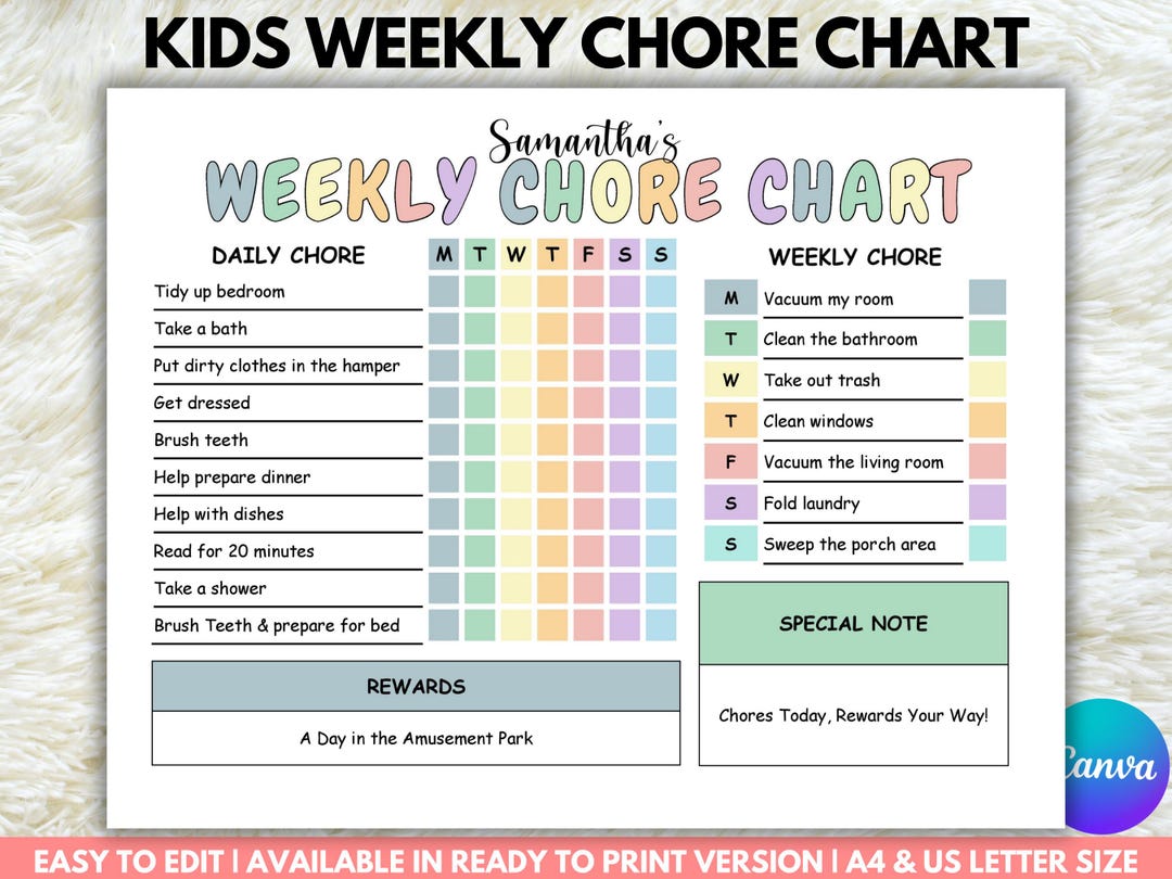 Editable Kids Weekly Chore Chart, Chore Checklist, Kids Task Chart ...
