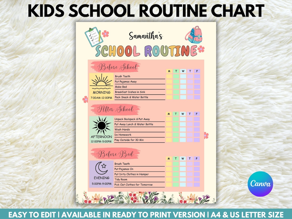 Editable School Checklist for Kids, Before After School Schedule, Daily ...
