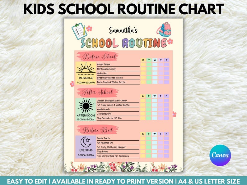 Daily School Checklist for Kids, Before After School Schedule, Routine ...