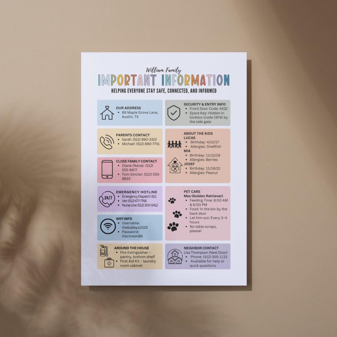 Editable Family Information Sheet, Emergency Contact Template ...