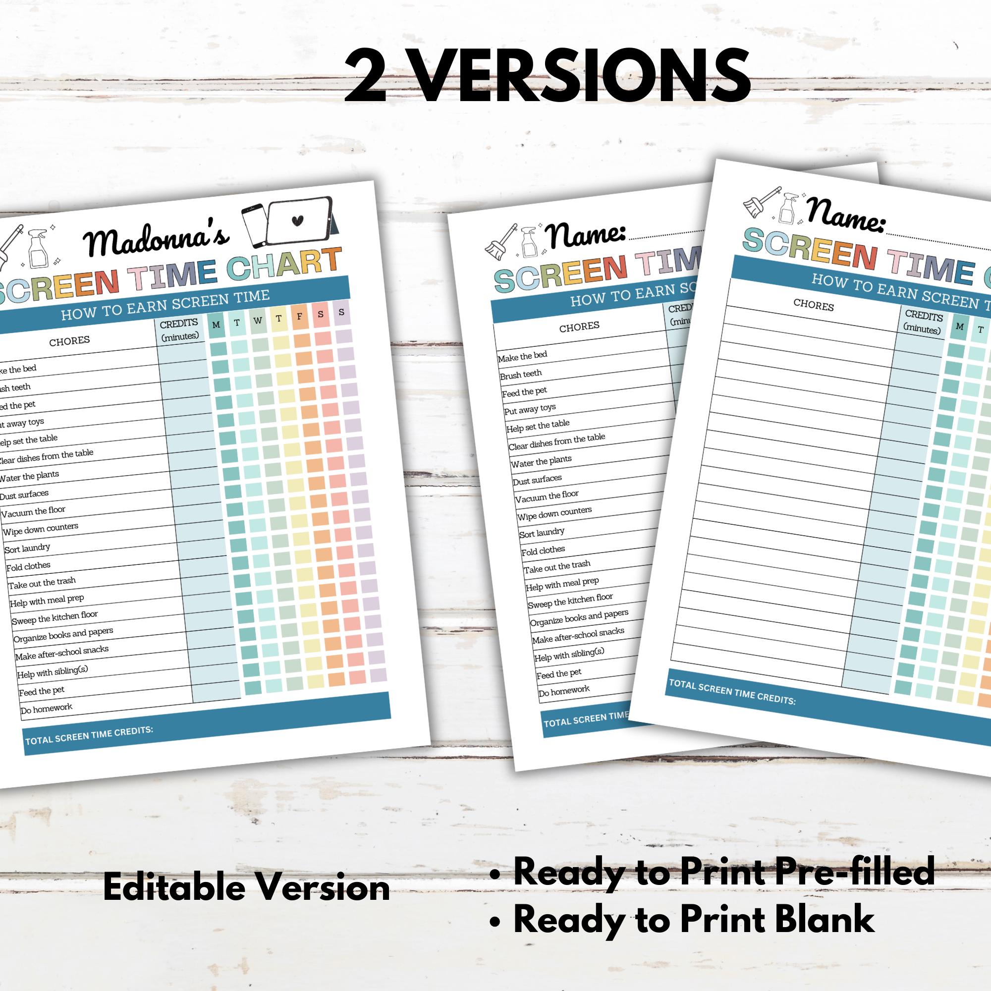 Kids Screen Time Chart, Gadget Chart for Kids, Screen Time Tracker ...