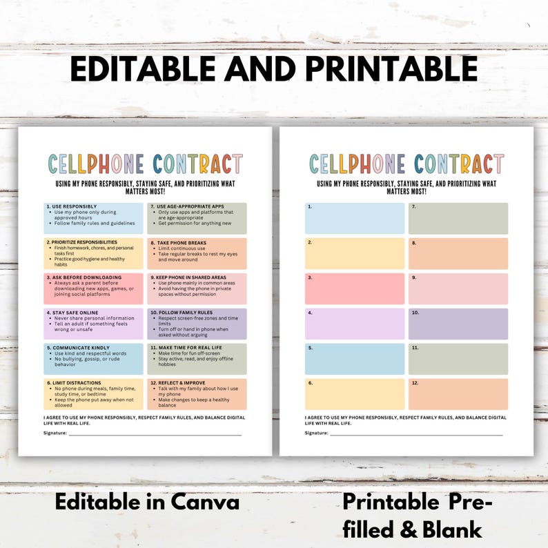 Editable Cellphone Contract for Kids, Kids Phone Agreement, Printable ...