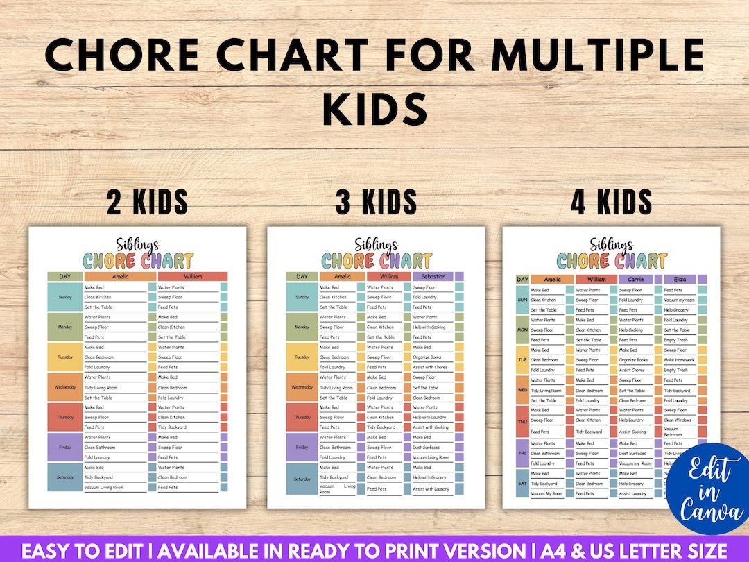 Siblings Chore Chart, Chore Chart for Multiple Kids, Kids Chores ...