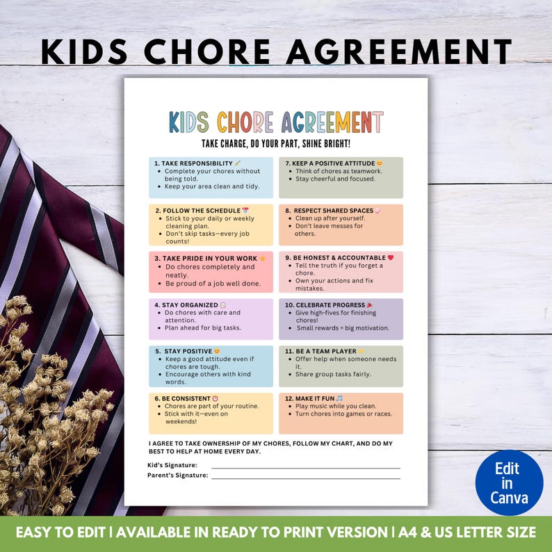 Editable Kids Chore Checklist, Chore Agreement, Cleaning ...