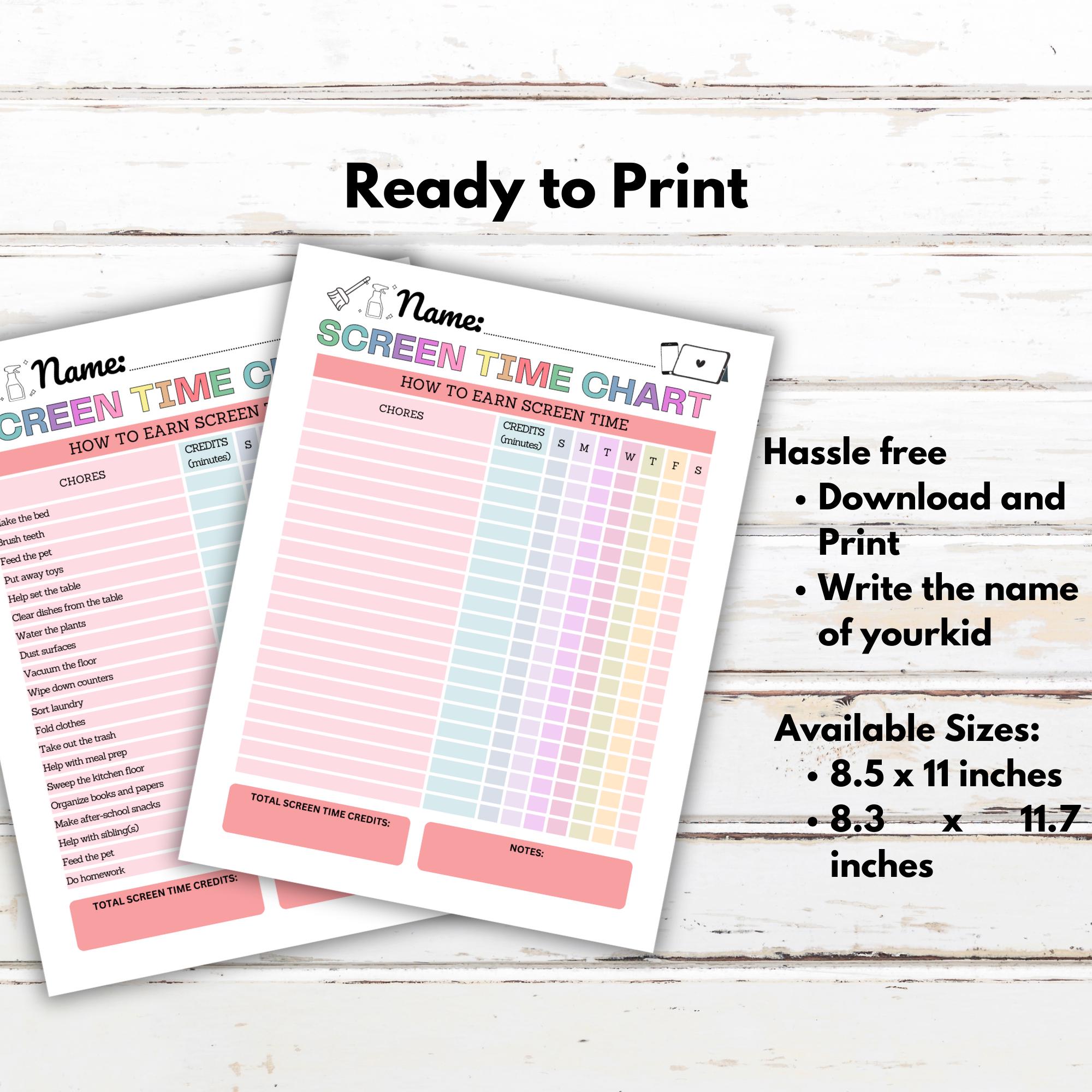 Editable Screen Time Chart for Kids, Screentime Tracker, Screen Time ...