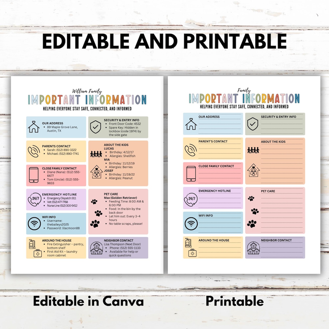 Editable Family Information Sheet, Emergency Contact Template ...
