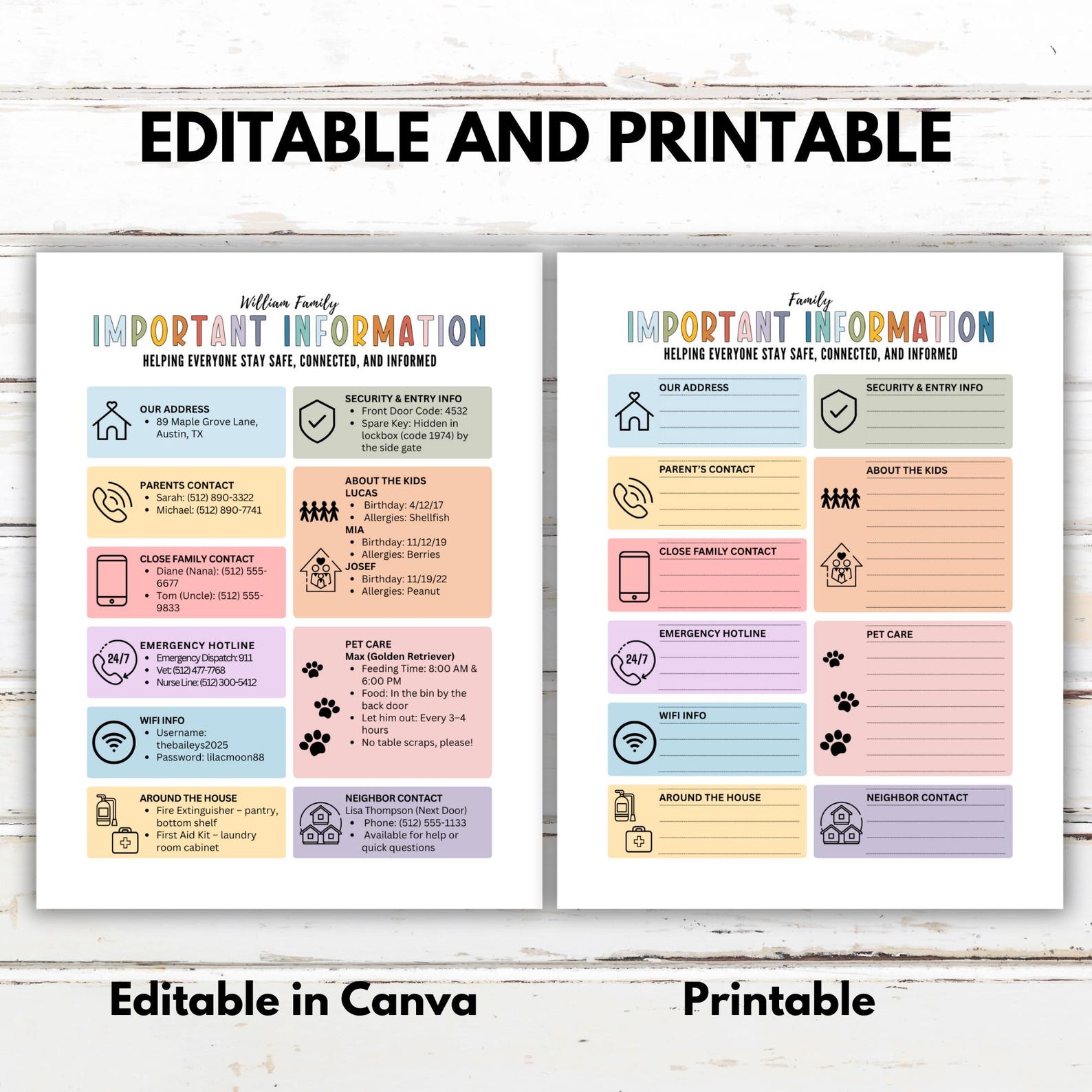 Editable Family Information Sheet, Emergency Contact Template ...
