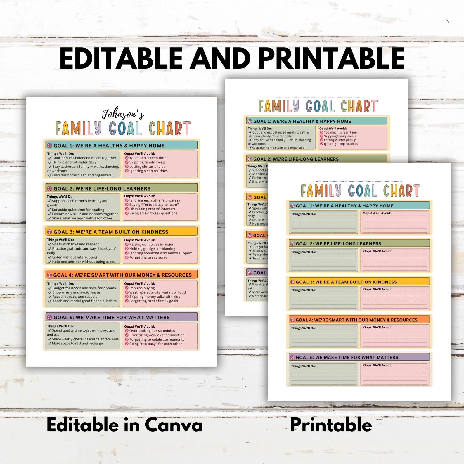 Editable Family Goal Chart Template: Printable Planner (US Letter & A4 ...