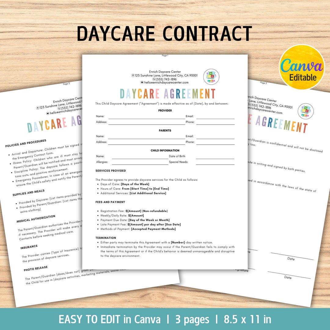 Editable Home Daycare Contract, Daycare Agreement, Childcare Business ...