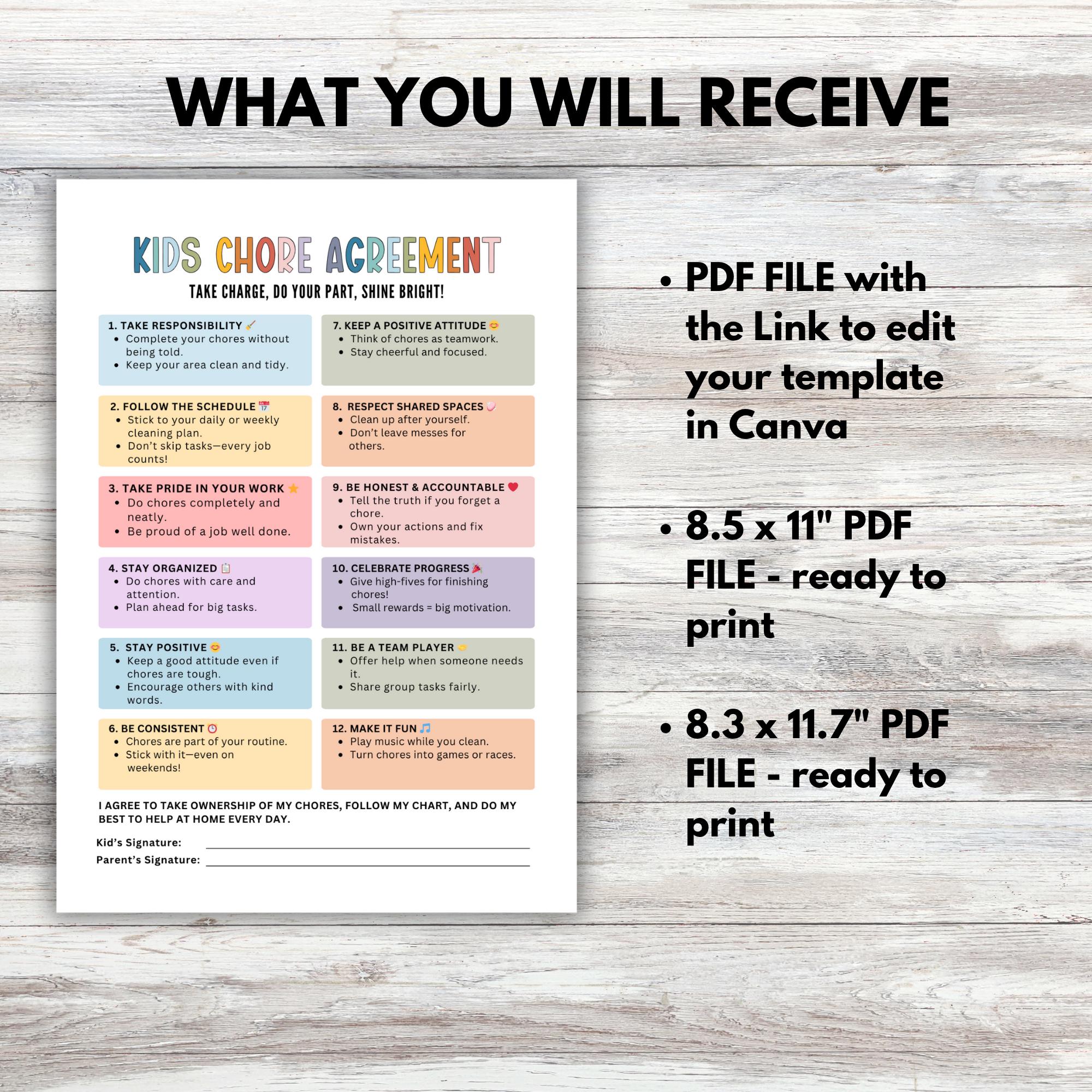Editable Kids Chore Agreement, Kids Chores Rules, Cleaning Agreement ...