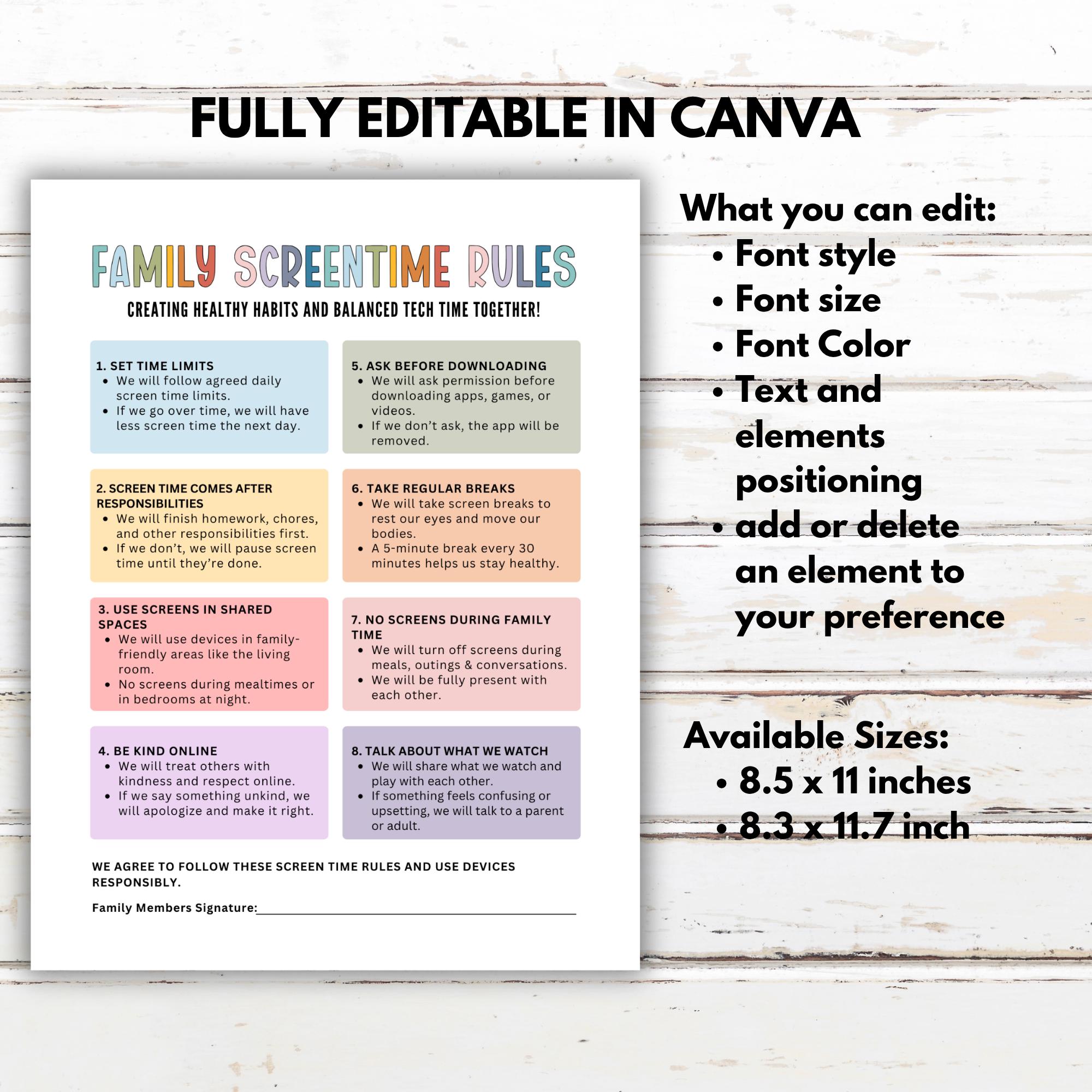 Editable Family Screen Time Rules, Tech and Device Rules for Kids ...