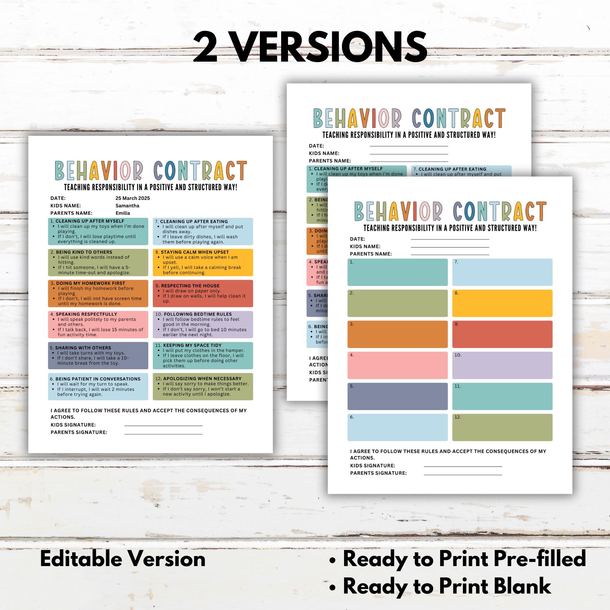 Behavior Contract, Behavior Agreement for Kids, Action Behavior ...